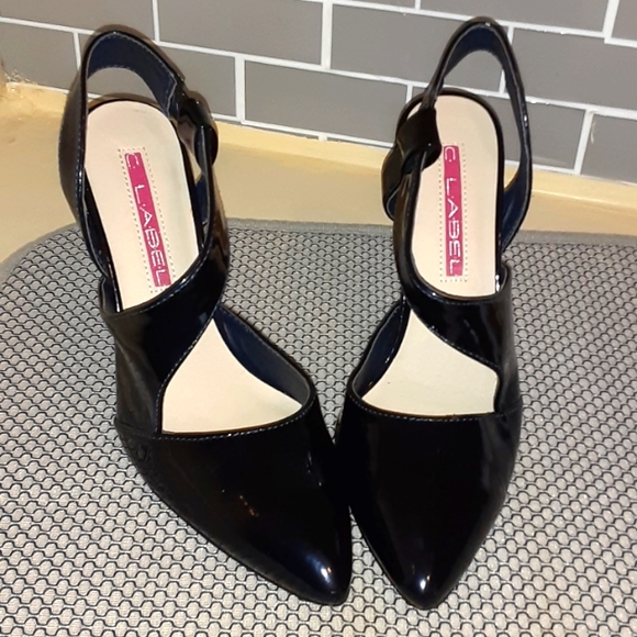 C Label | Shoes | Black Patent Leather Look 4 In Heels With Side Straps ...